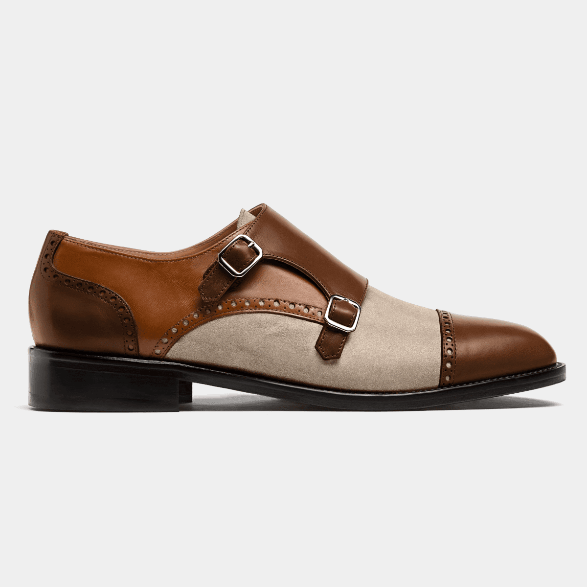 Monk strap brogues in beige & brown suede & leather