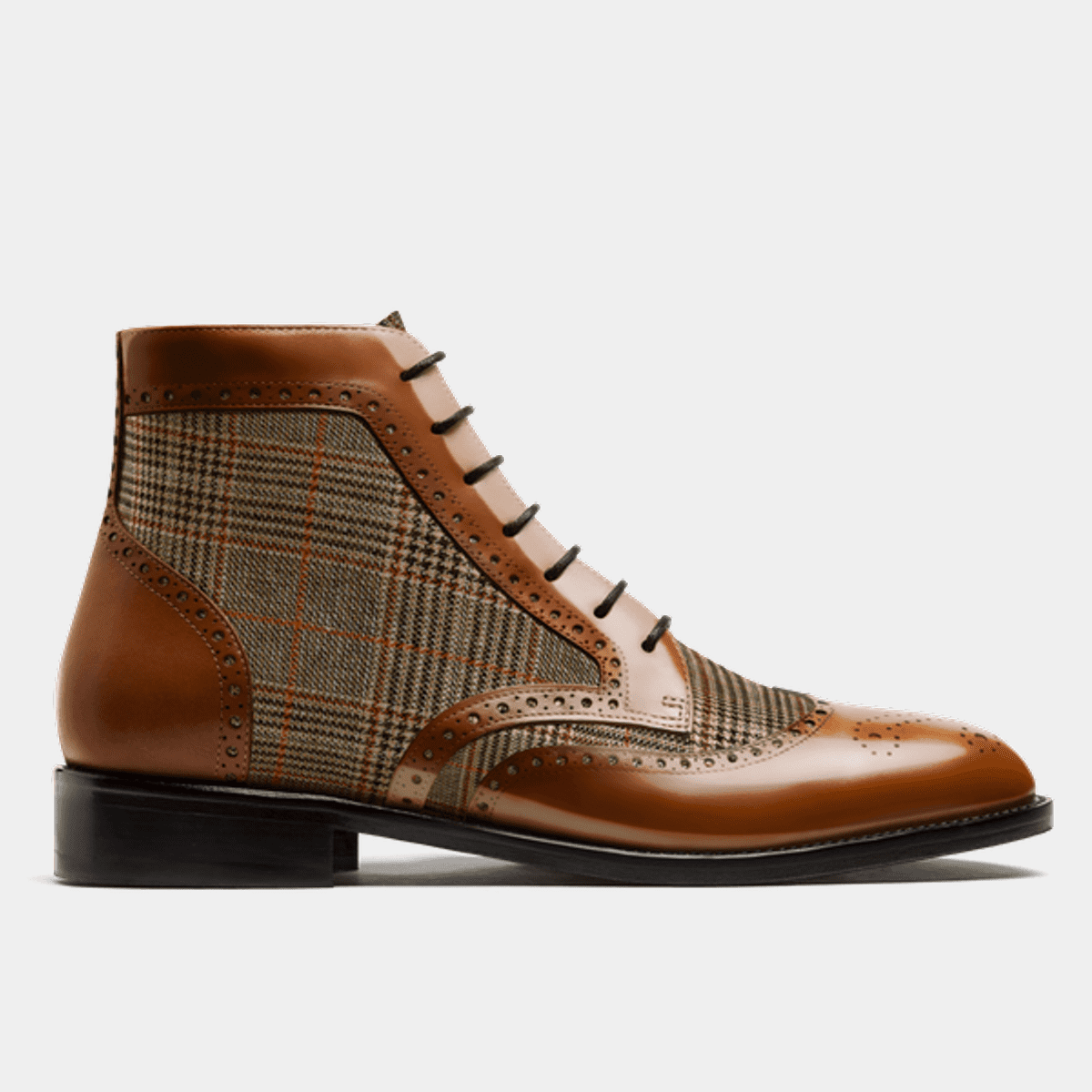 Brogue Dress Boots - brown flora leather, tweed & leather
