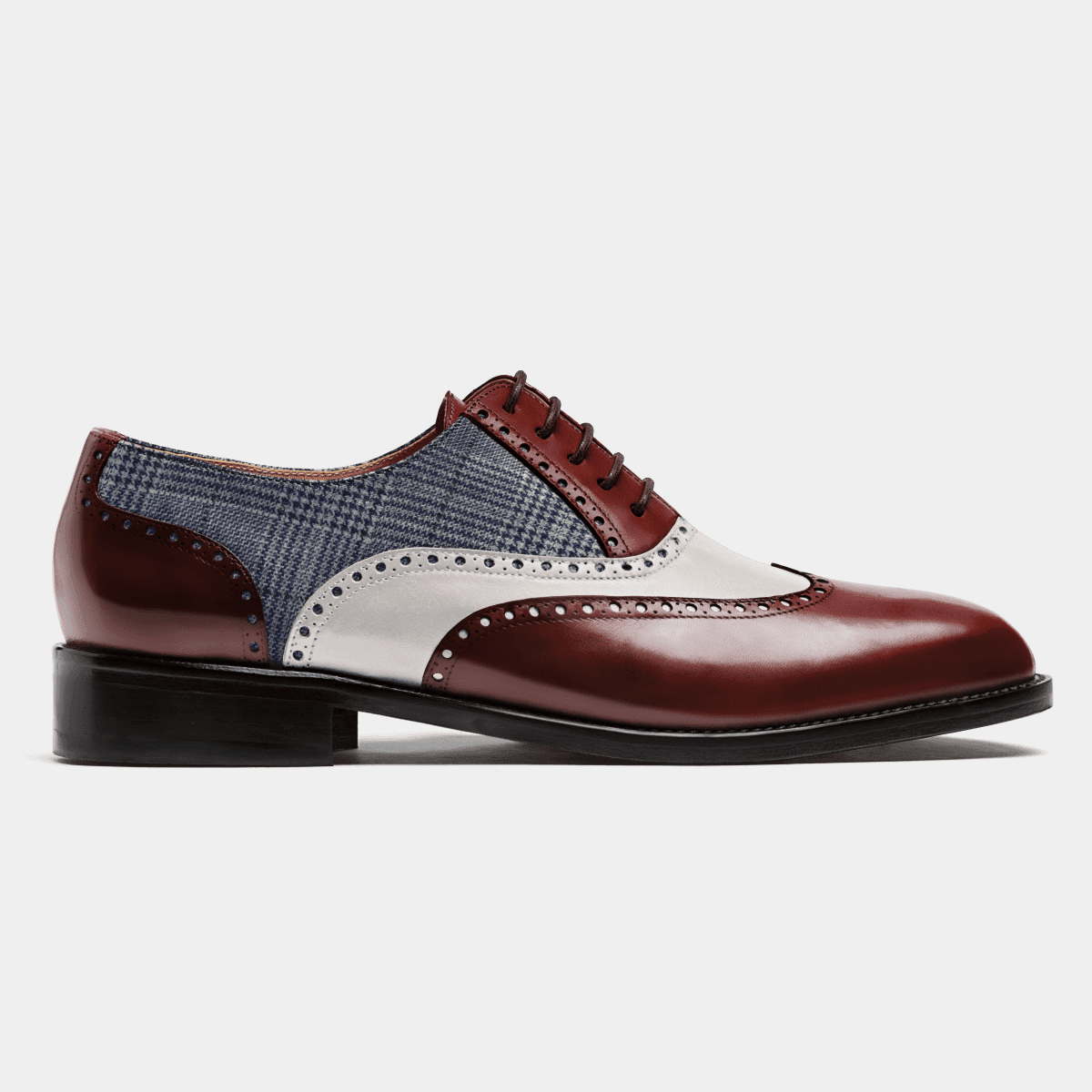Full brogue shoes in white, burgundy & blue leather & tweed