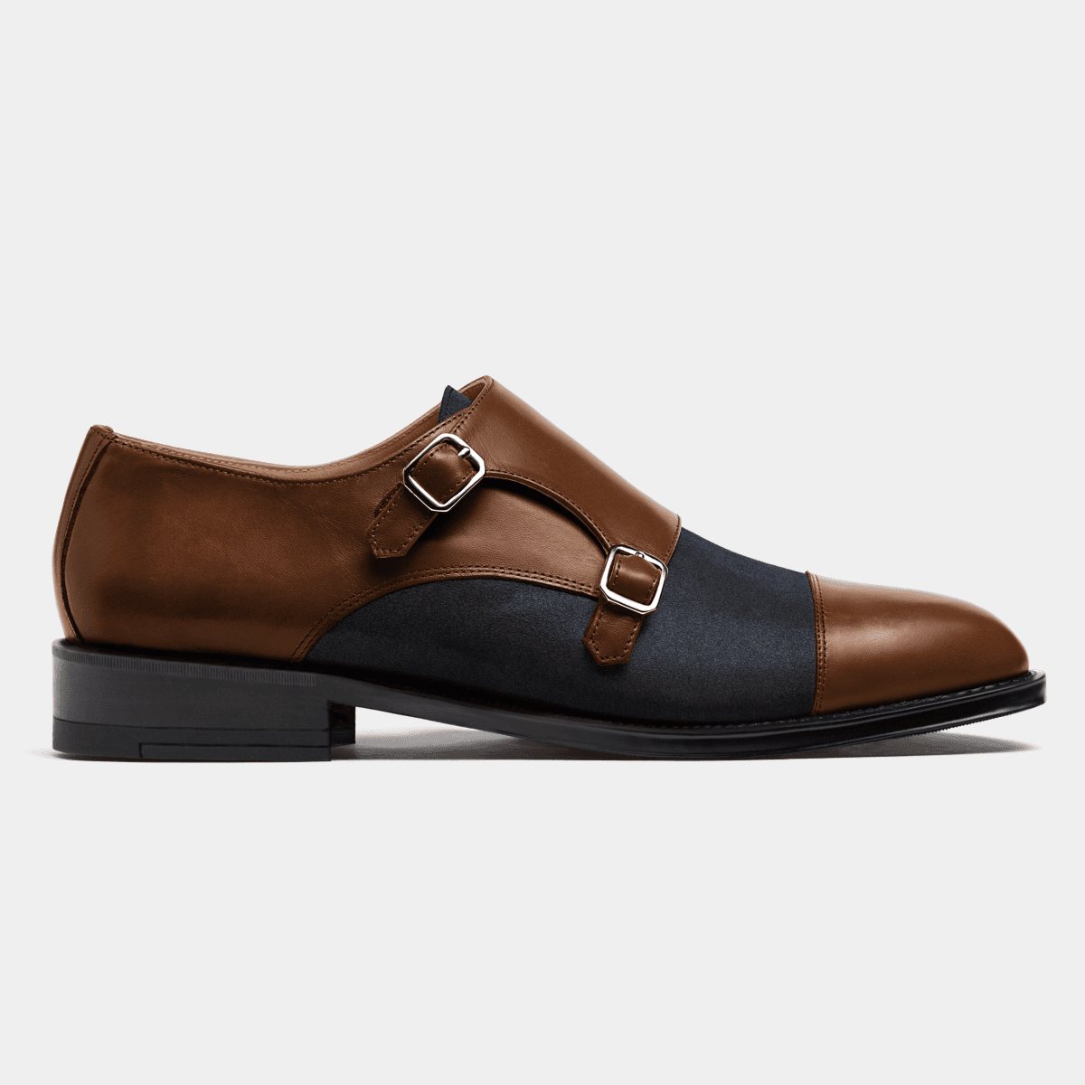 Cap-Toe Monk-Schuhe aus blauem und braunem Wildleder und Kalbsleder