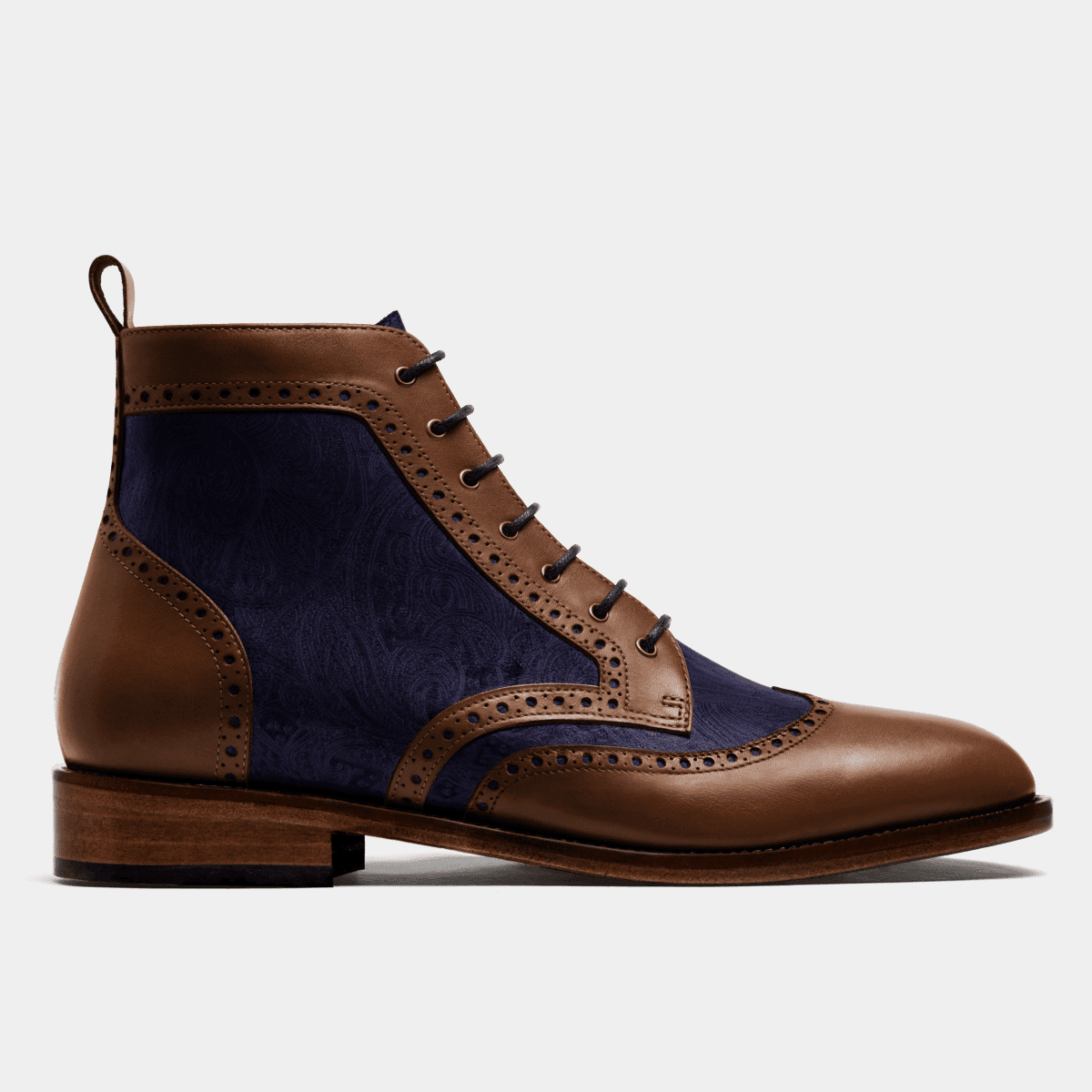 Brogue Boots in blue & brown velvet & leather