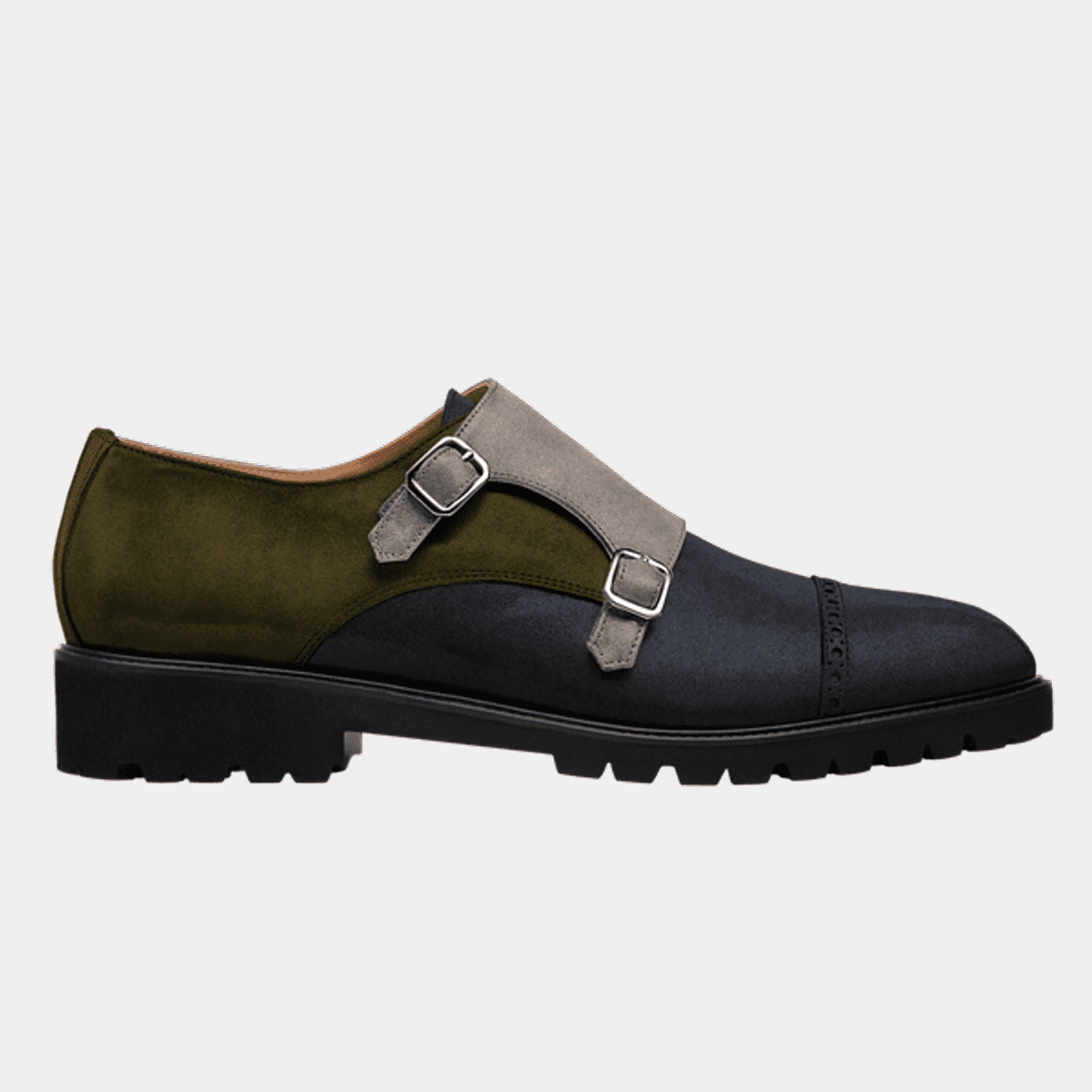 Double Monk brogues in blue, green, grey & brown suede