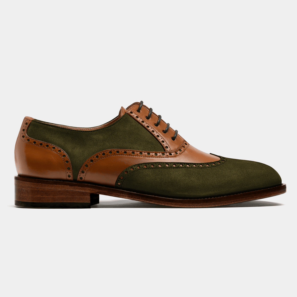 Full Brogue shoes in brown & green leather & suede