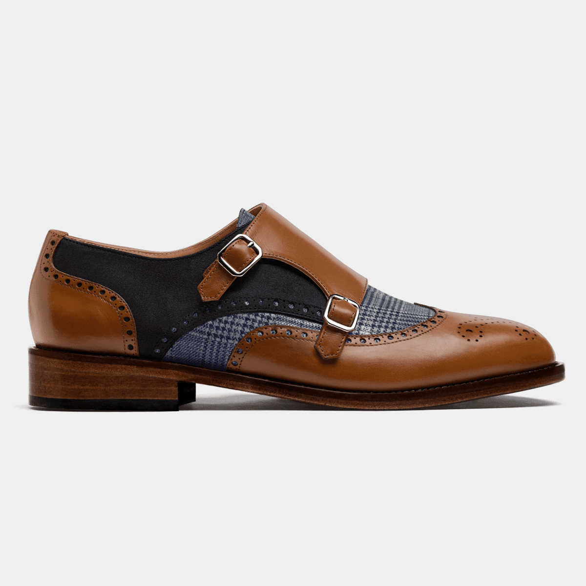Monk-strap brogues in blue & brown tweed, leather & suede