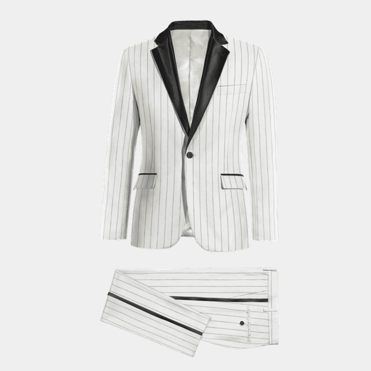 All white striped lightweight linen Tuxedo with black lapel