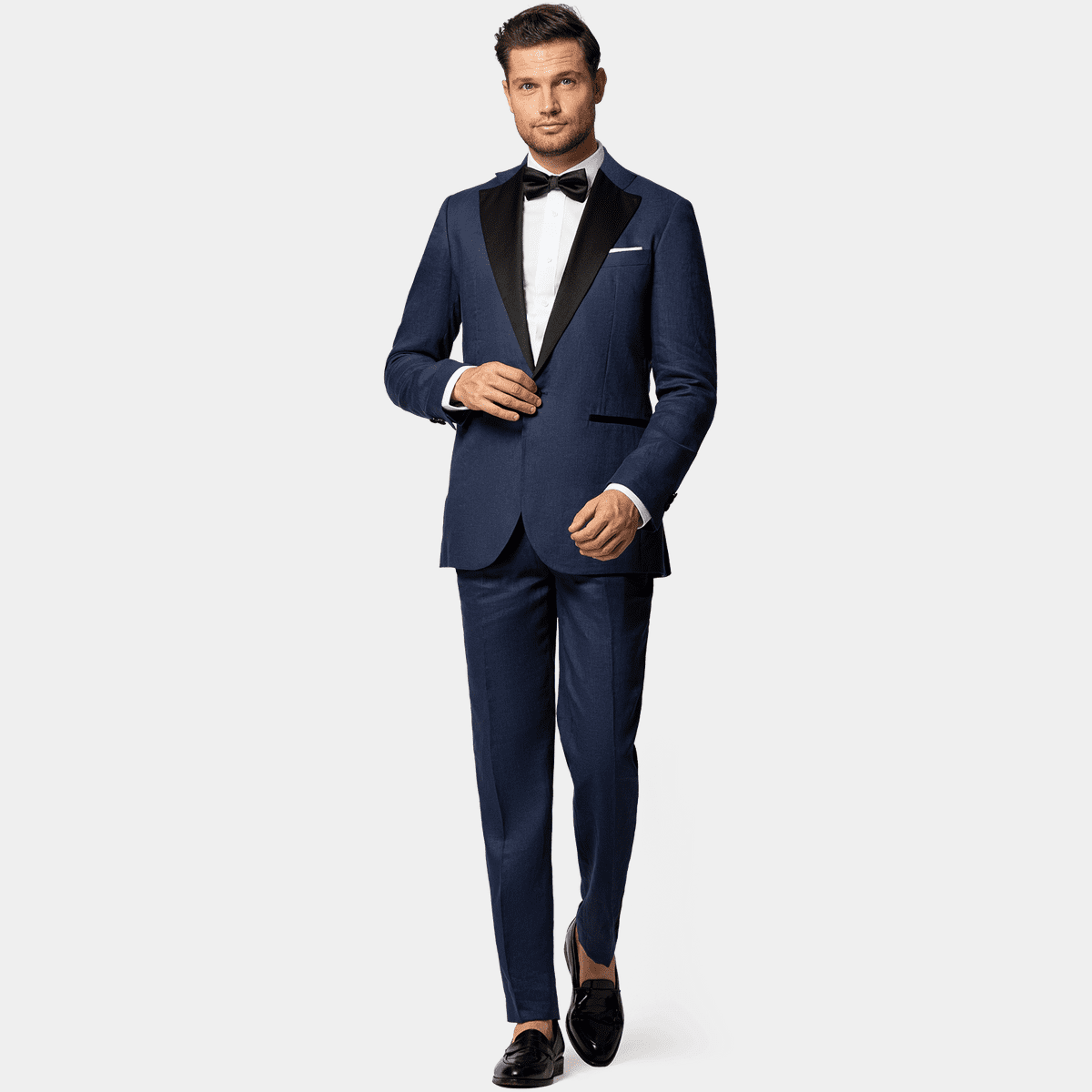 Navy blue linen Tuxedo with black lapel