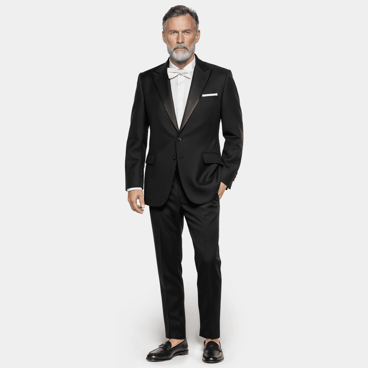 Black stretch Tuxedo with pocket square & wide lapel