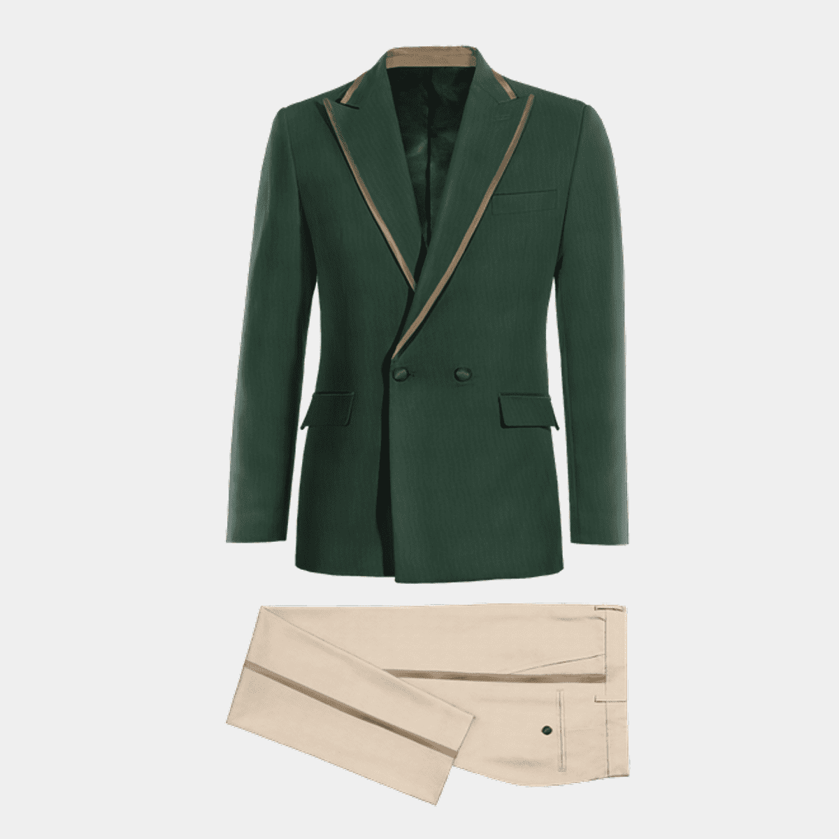 Giacca smoking doppiopetto verde con risvolto beige e pantaloni beige