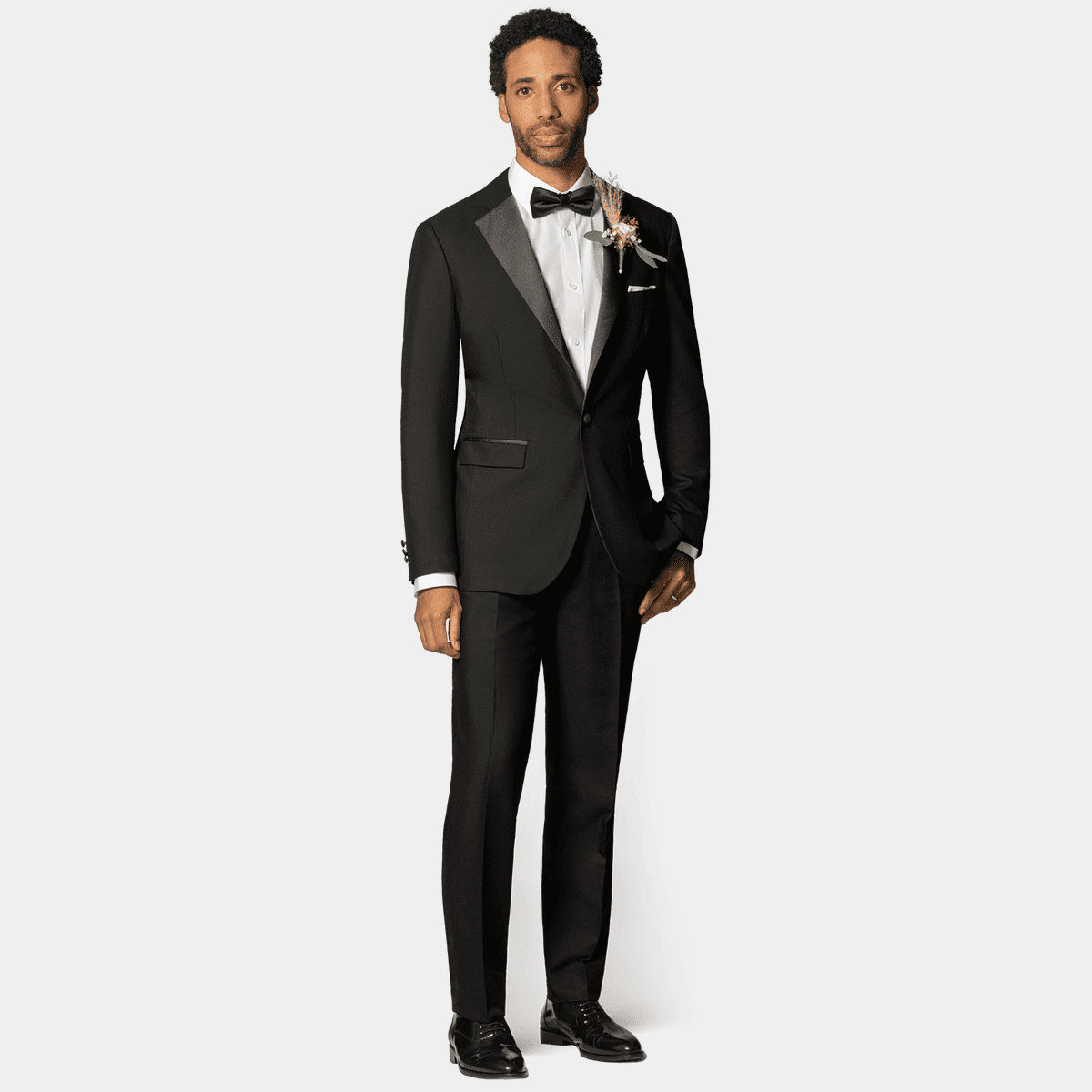 Black essential shimmer Tuxedo with pocket square & wide lapel