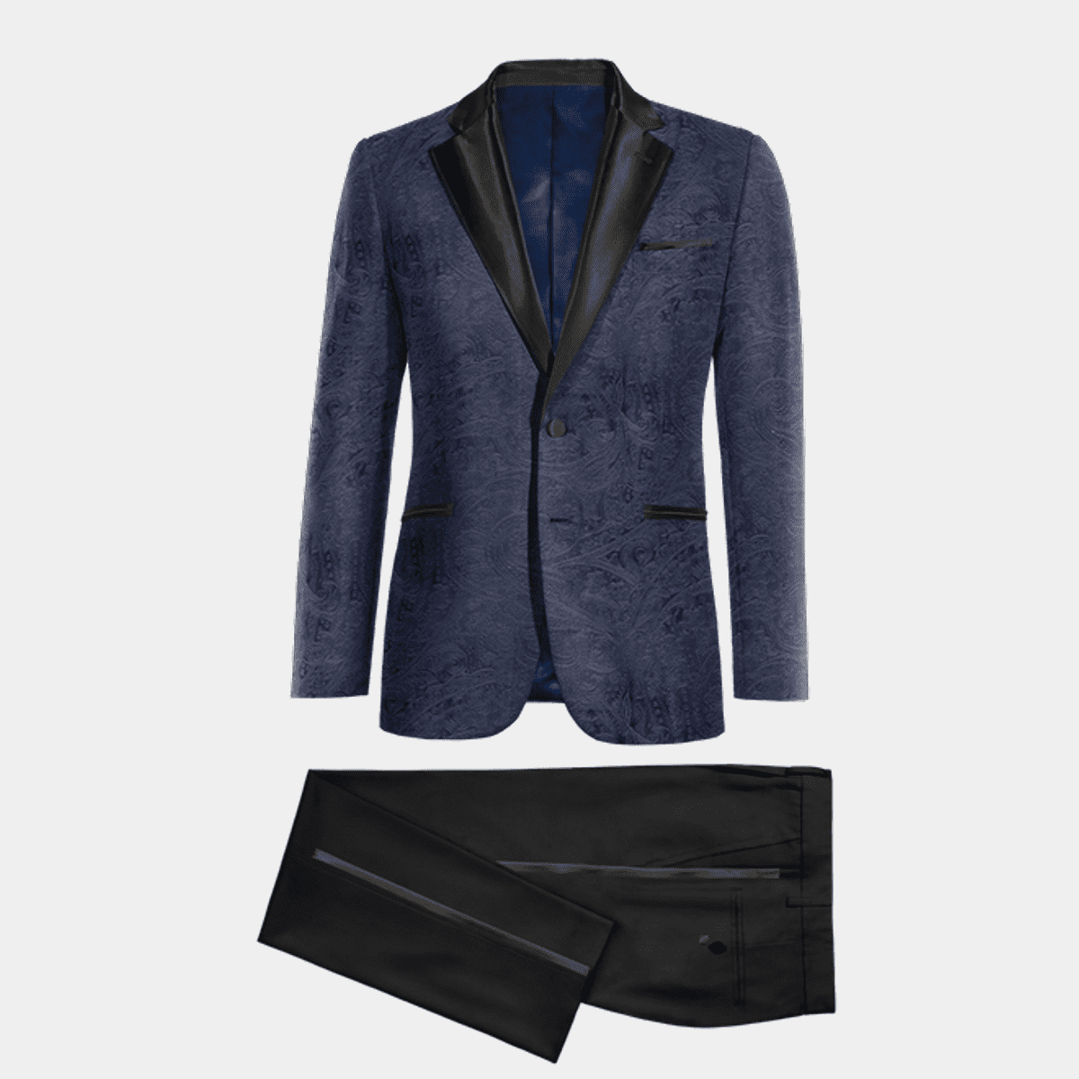 Navy blue paisley velvet Dinner jacket with black lapel & black Trousers
