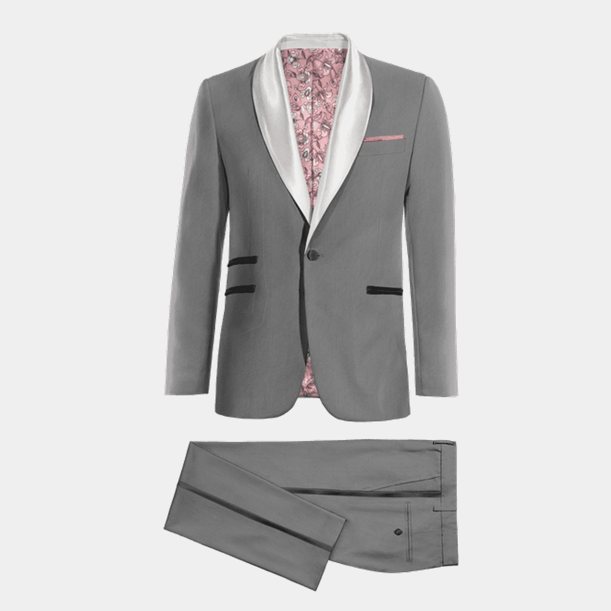 Traje Esmoquin gris con solapa ancha en blanco