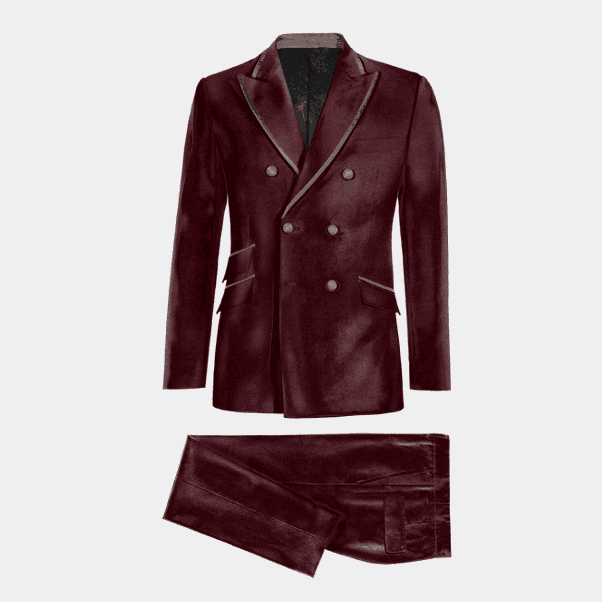Burgundy velvet double-breasted Tuxedo with gray lapel trim