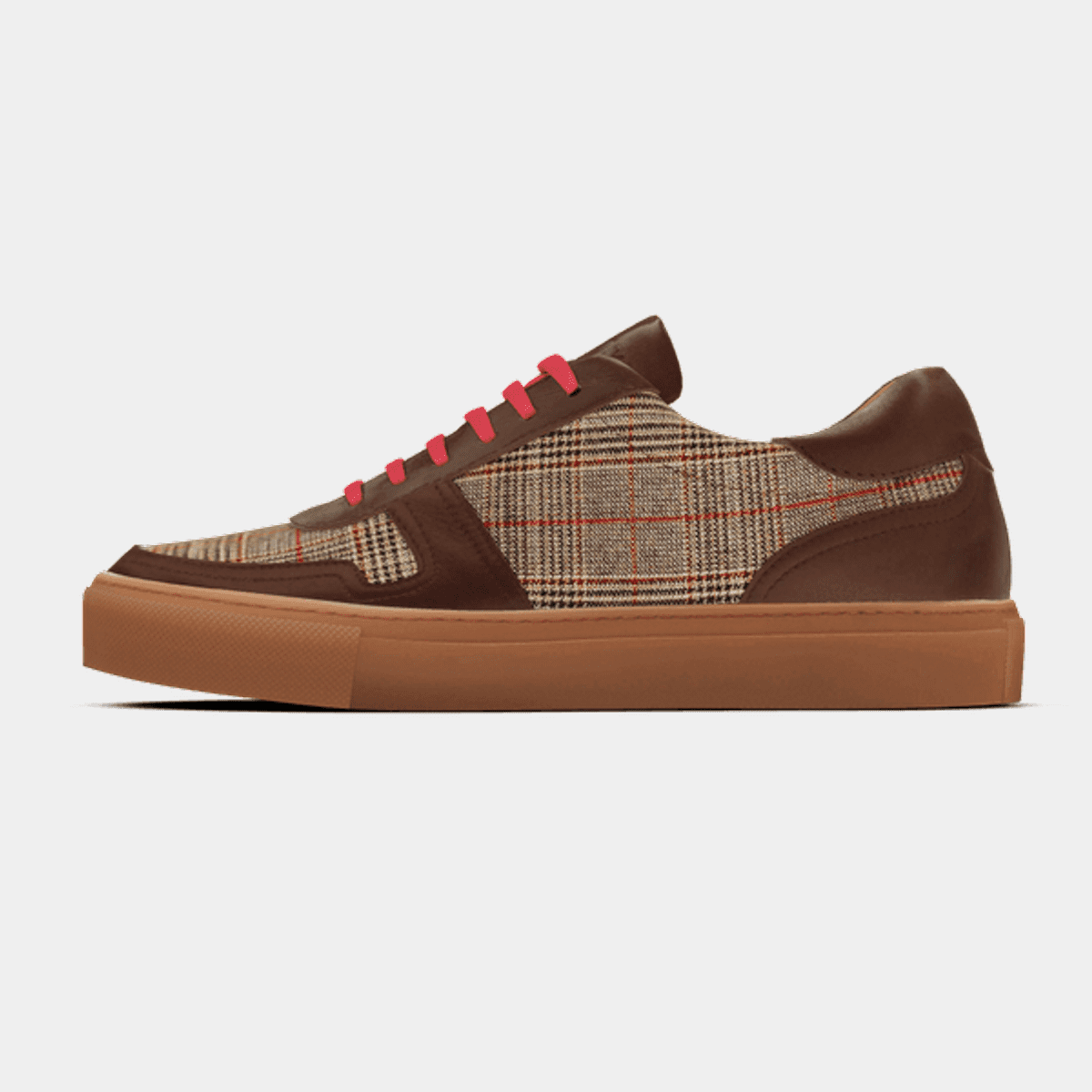 Brown leather and tweed Trainers with brown sole & red laces