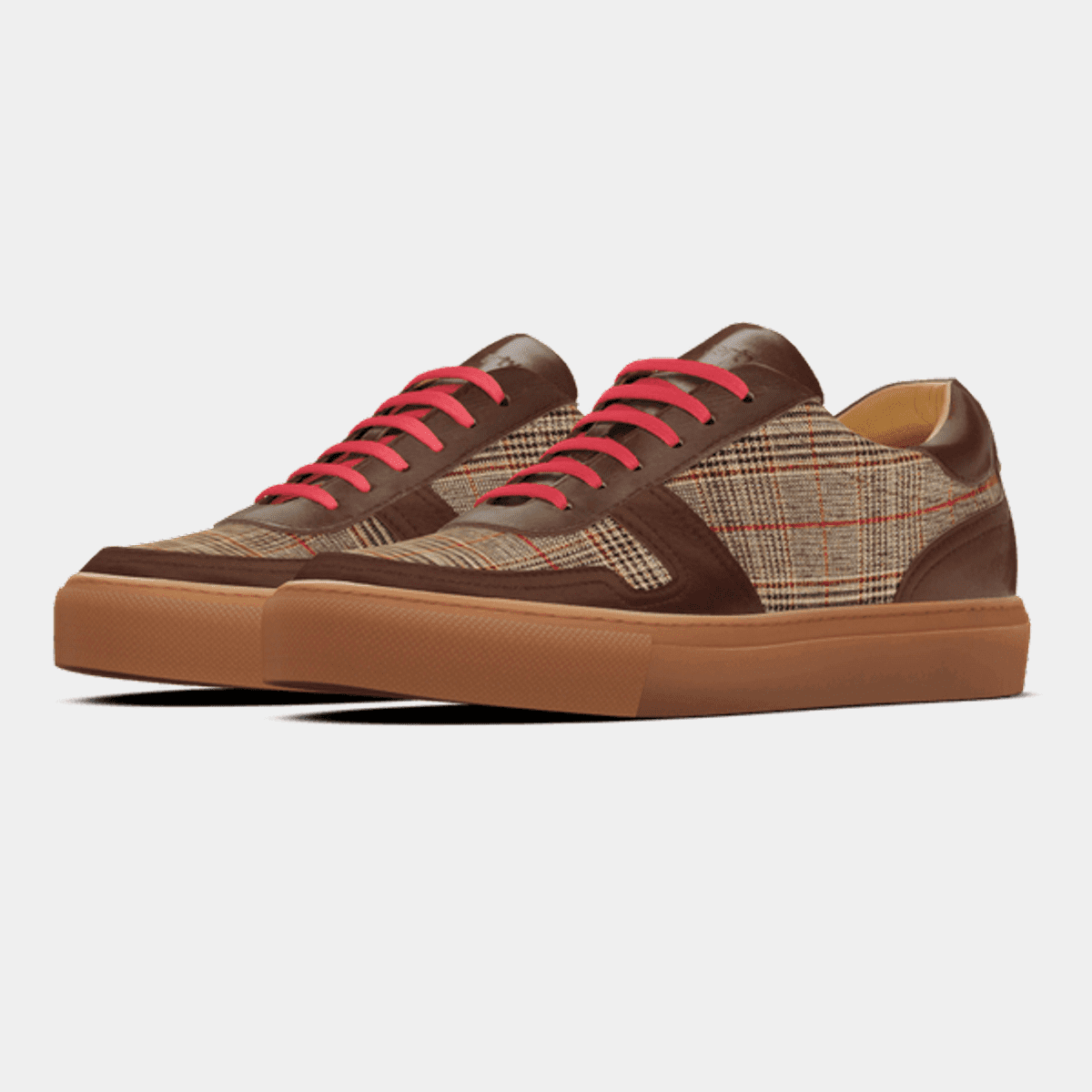 Brown leather and tweed Trainers with brown sole & red laces