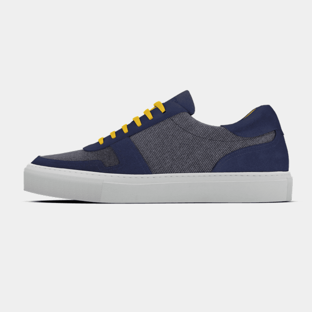 Blauer Sneaker aus Veloursleder und Tweed mit gelben Schnürsenkeln ...