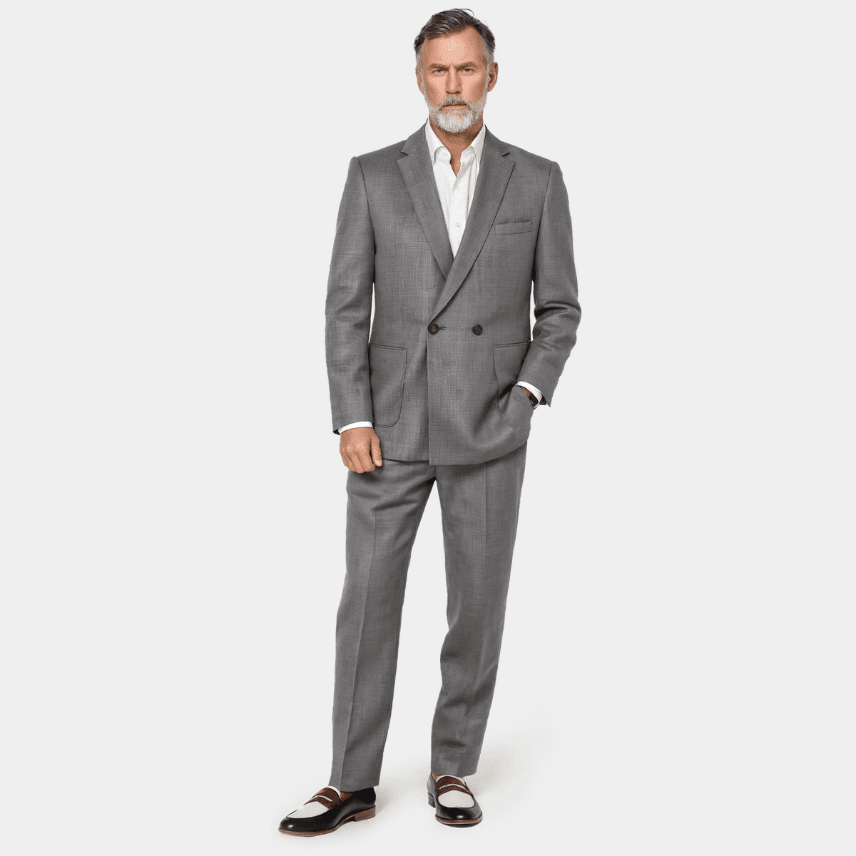Costume croisée gris fer en lin léger