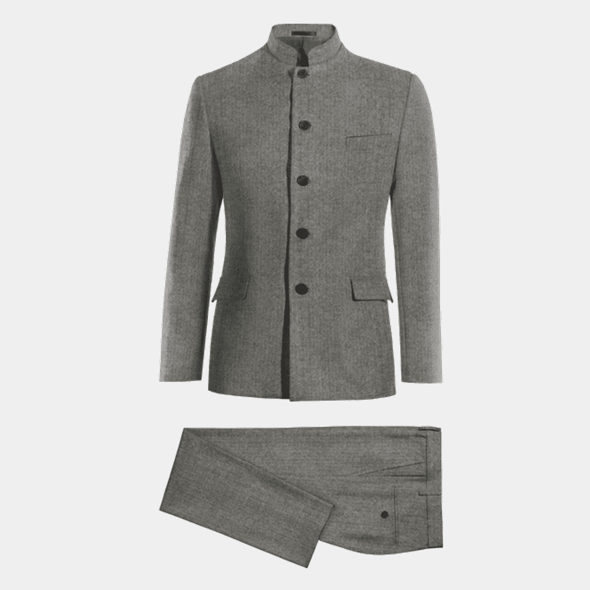 Black herringbone collarless Suit