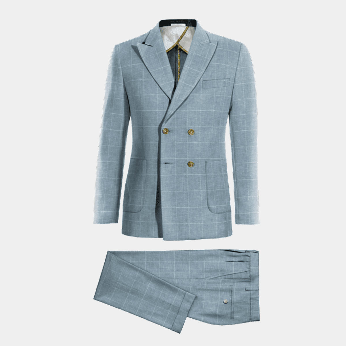 Light blue windowpane lightweight cotton-linen double breasted unlined Suit