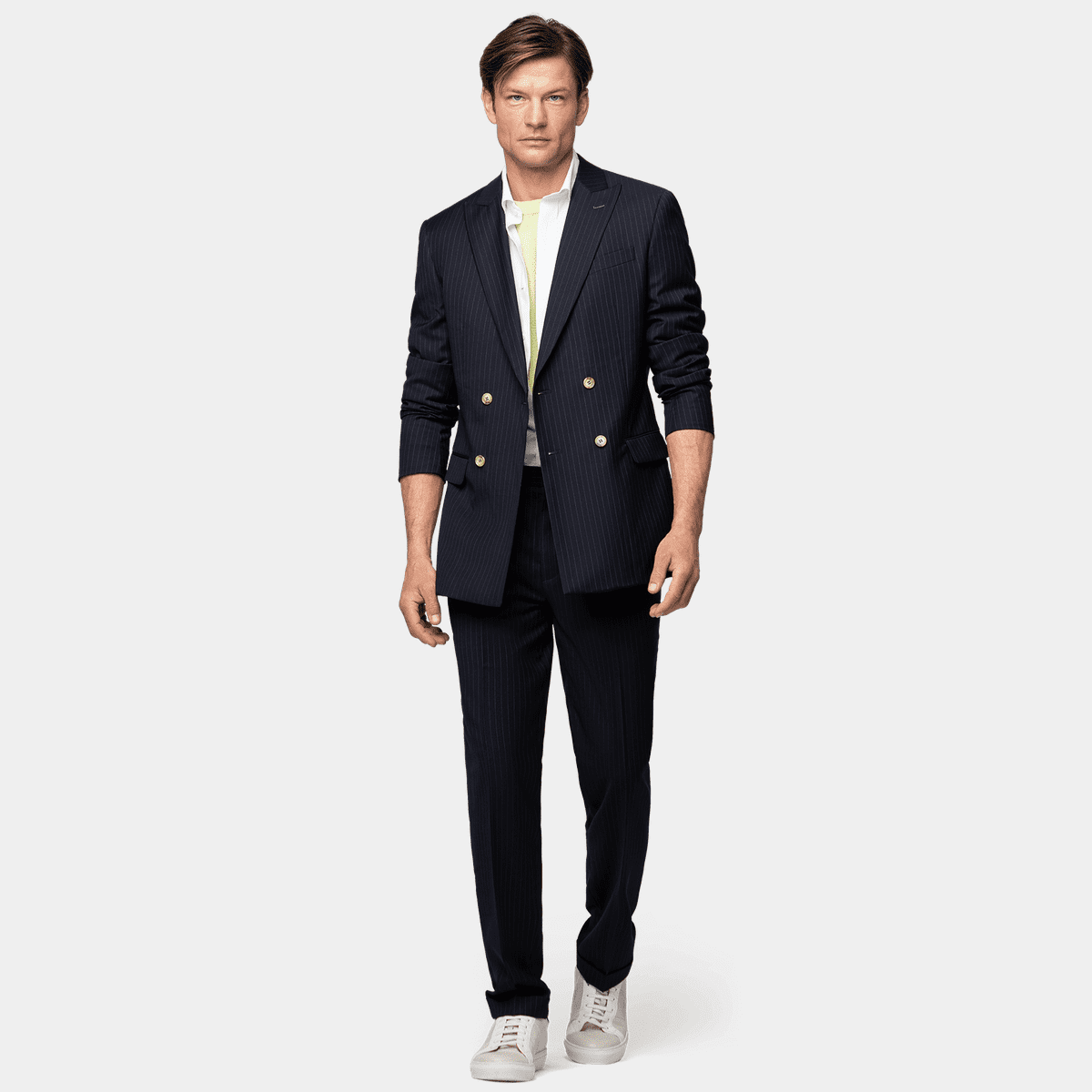 Dark blue pinstripe stretch double breasted unlined Suit