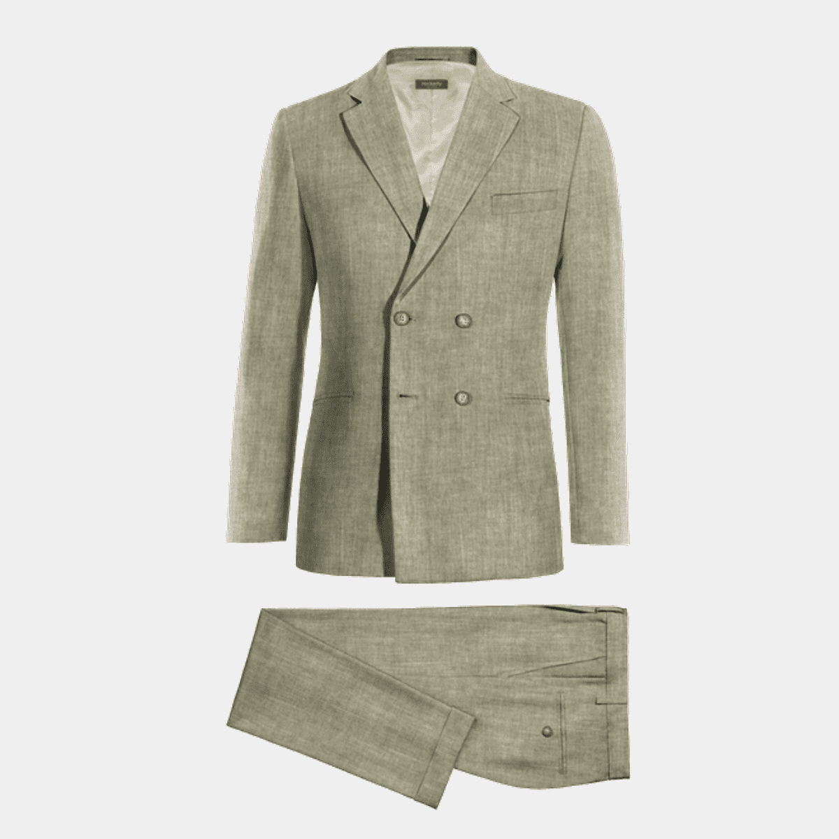 Costume 3 pièces croisée vert sauge chevrons en lin-coton