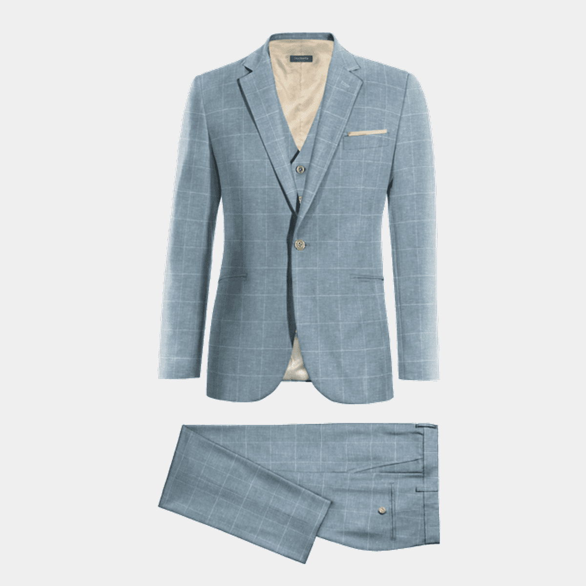 Light blue windowpane lightweight cotton-linen 3-piece Suit
