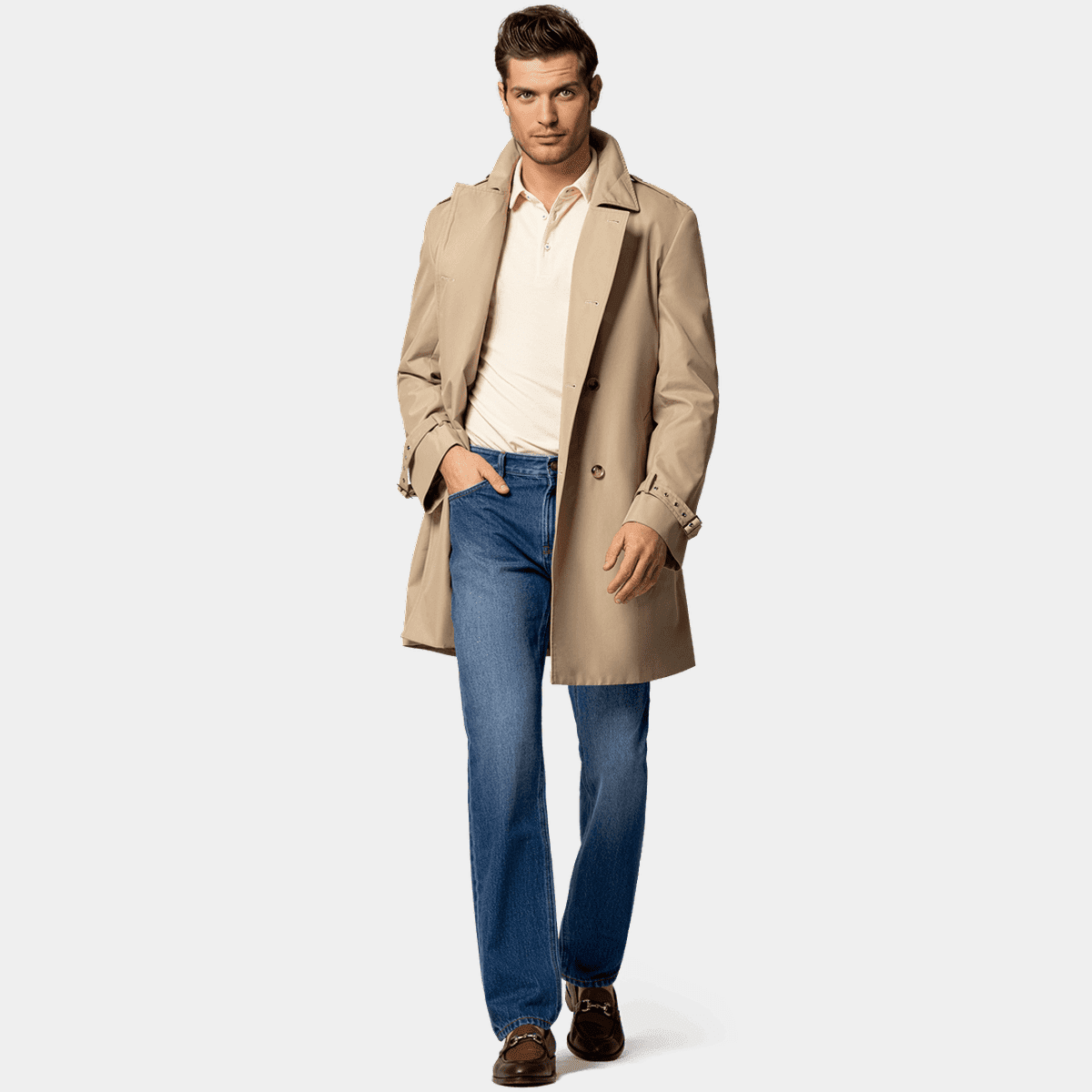 Camel short double breasted trench coat with epaulettes