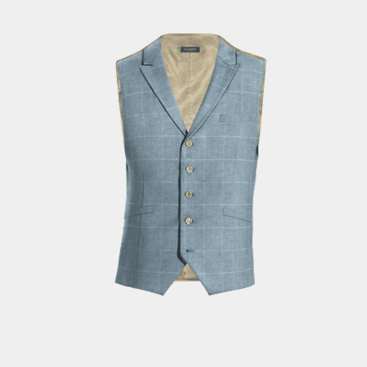 Light blue windowpane lightweight cotton-linen peak lapel Waistcoat