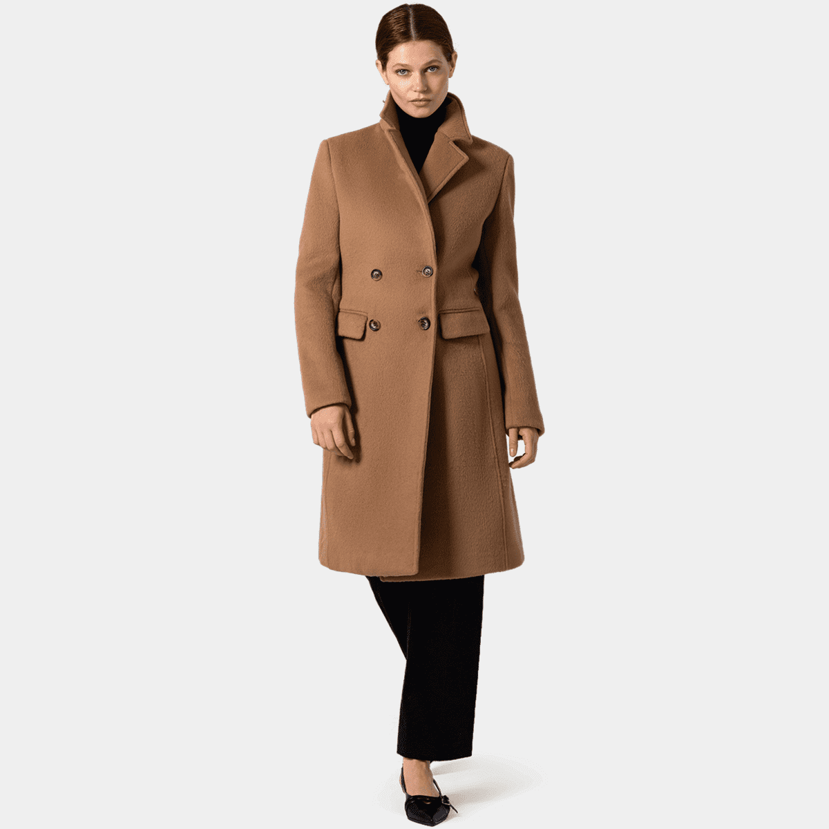 Long camel Double Breasted Coat with wide lapels