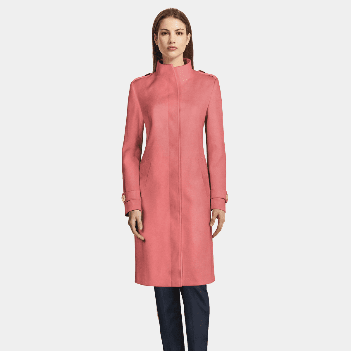 Long barbie pink Funnel neck Coat with hidden buttons
