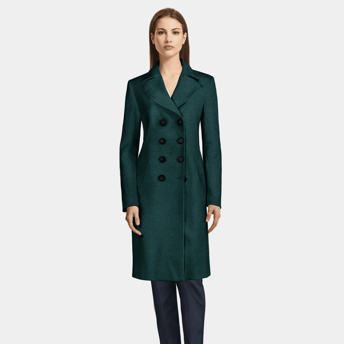 Long teal Double Breasted Coat with wide lapels