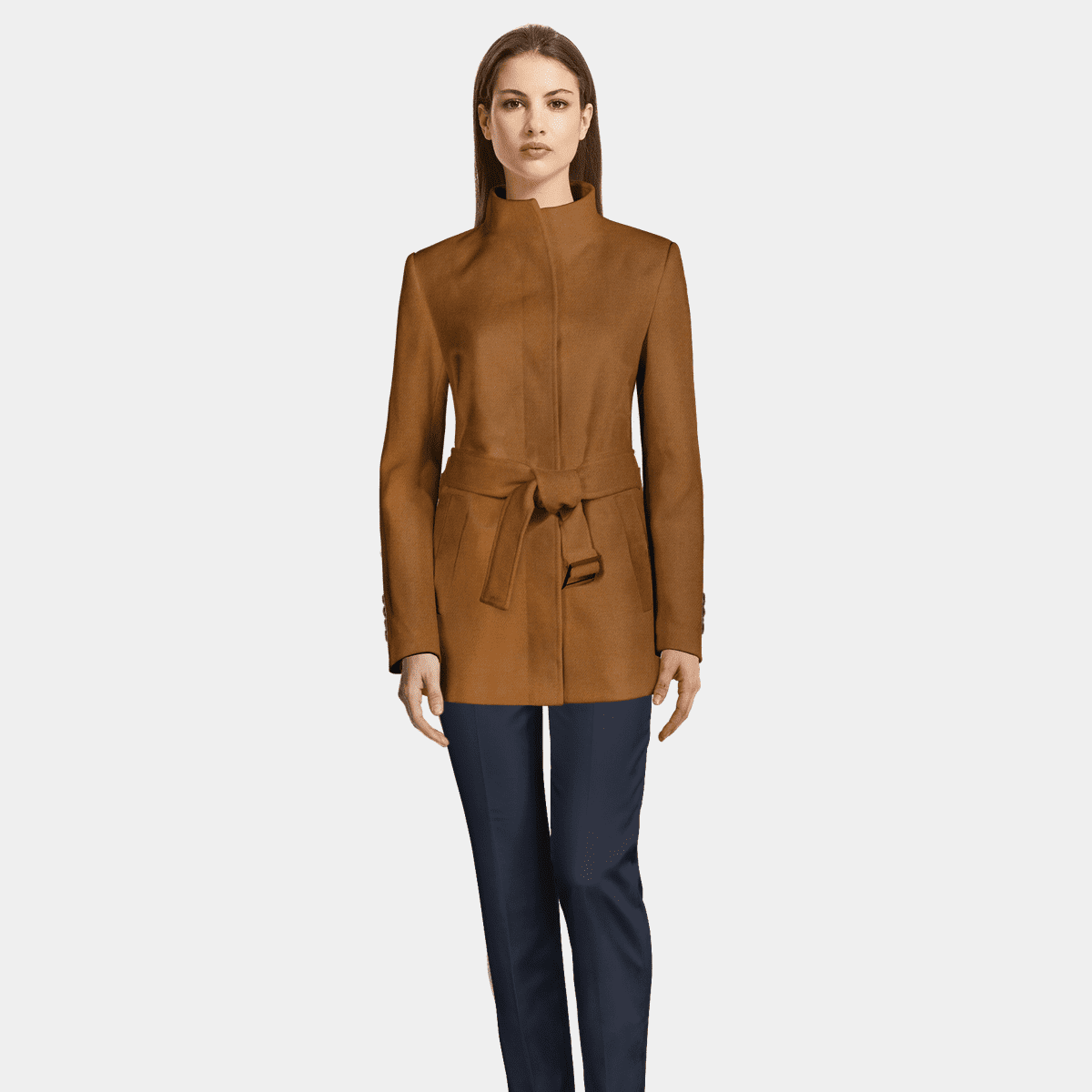 Short camel Funnel neck Coat with hidden buttons