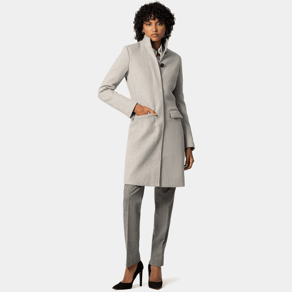 Long light gray Funnel neck Coat with hidden buttons