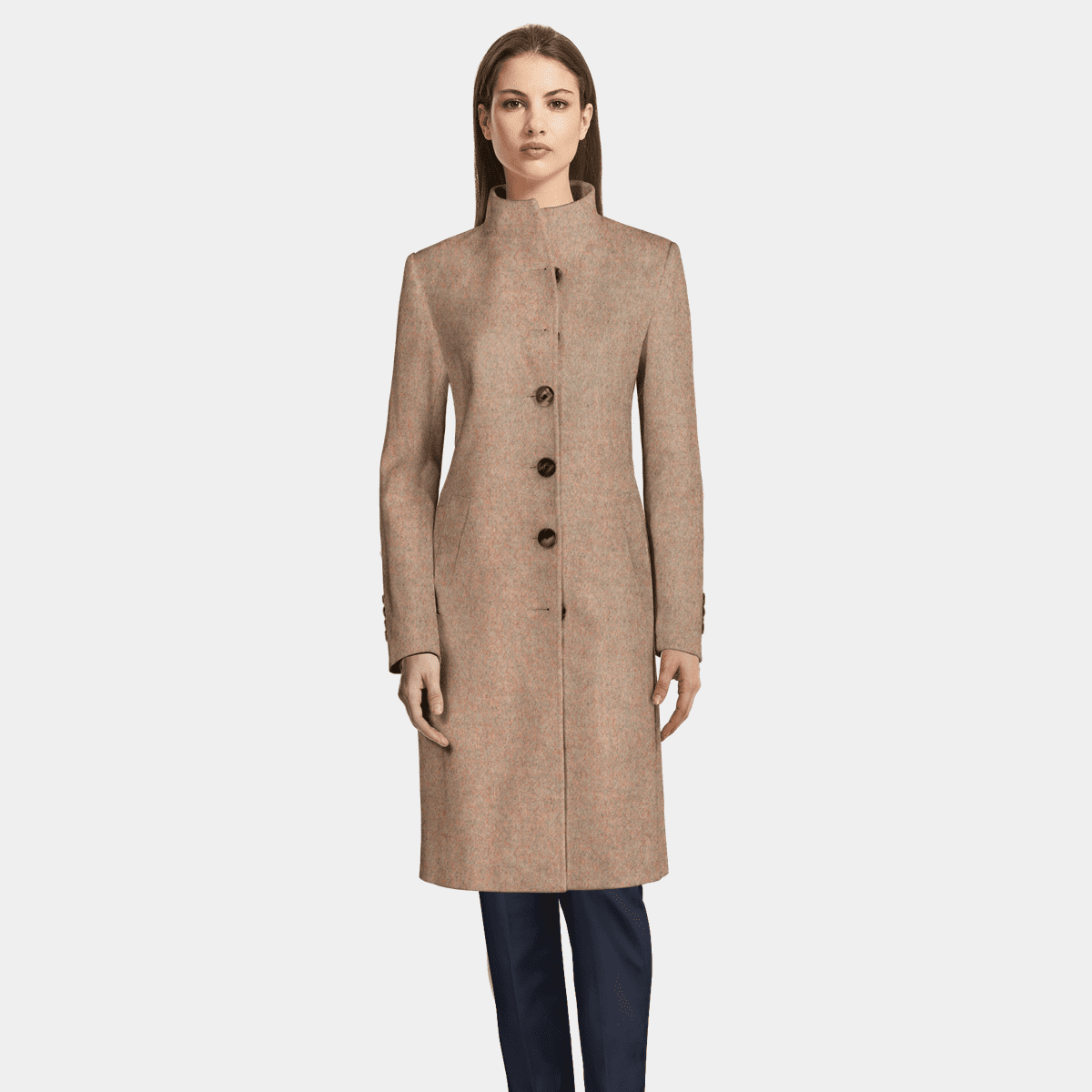 Long dark beige Funnel neck Coat