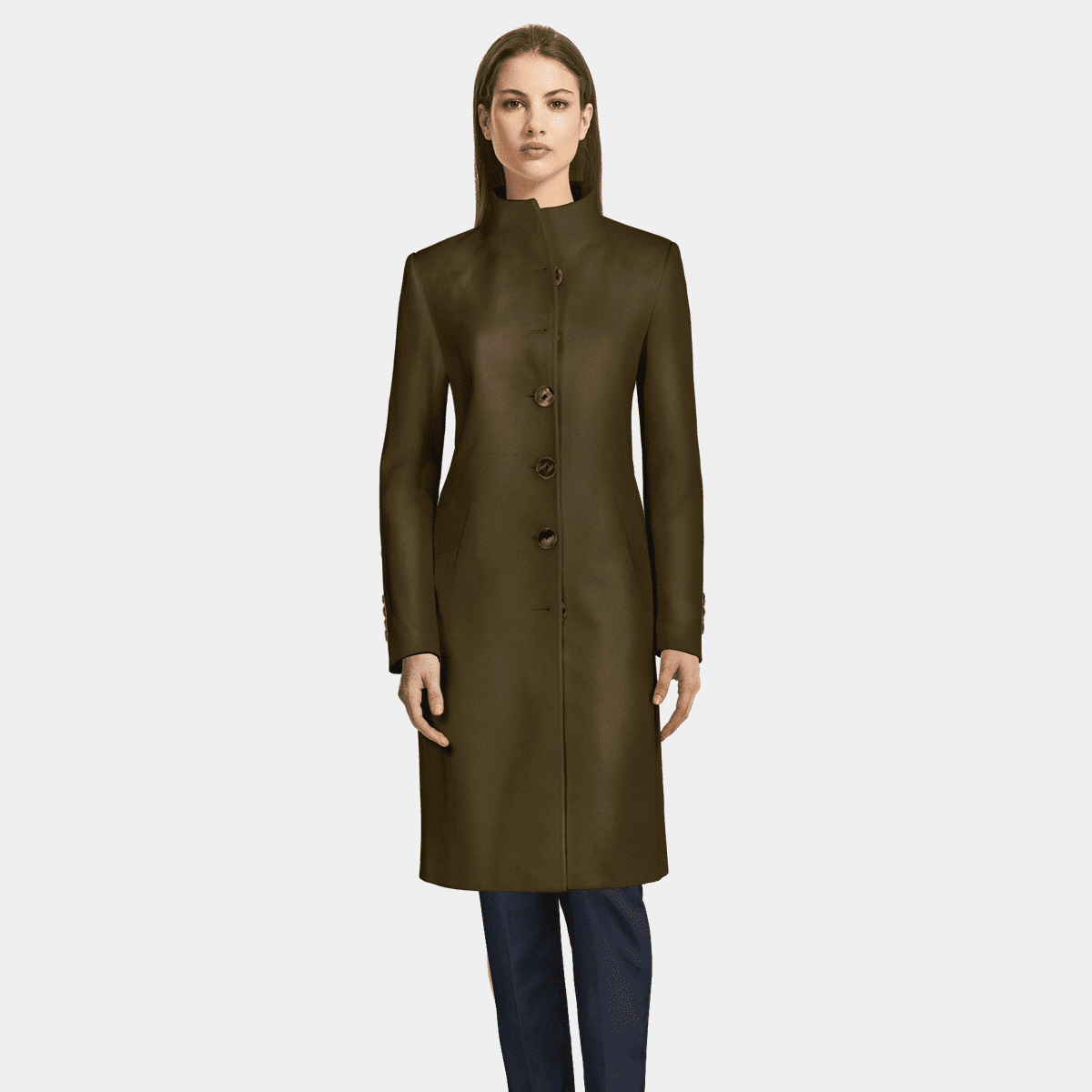 Long army green Pure Wool Funnel neck Coat