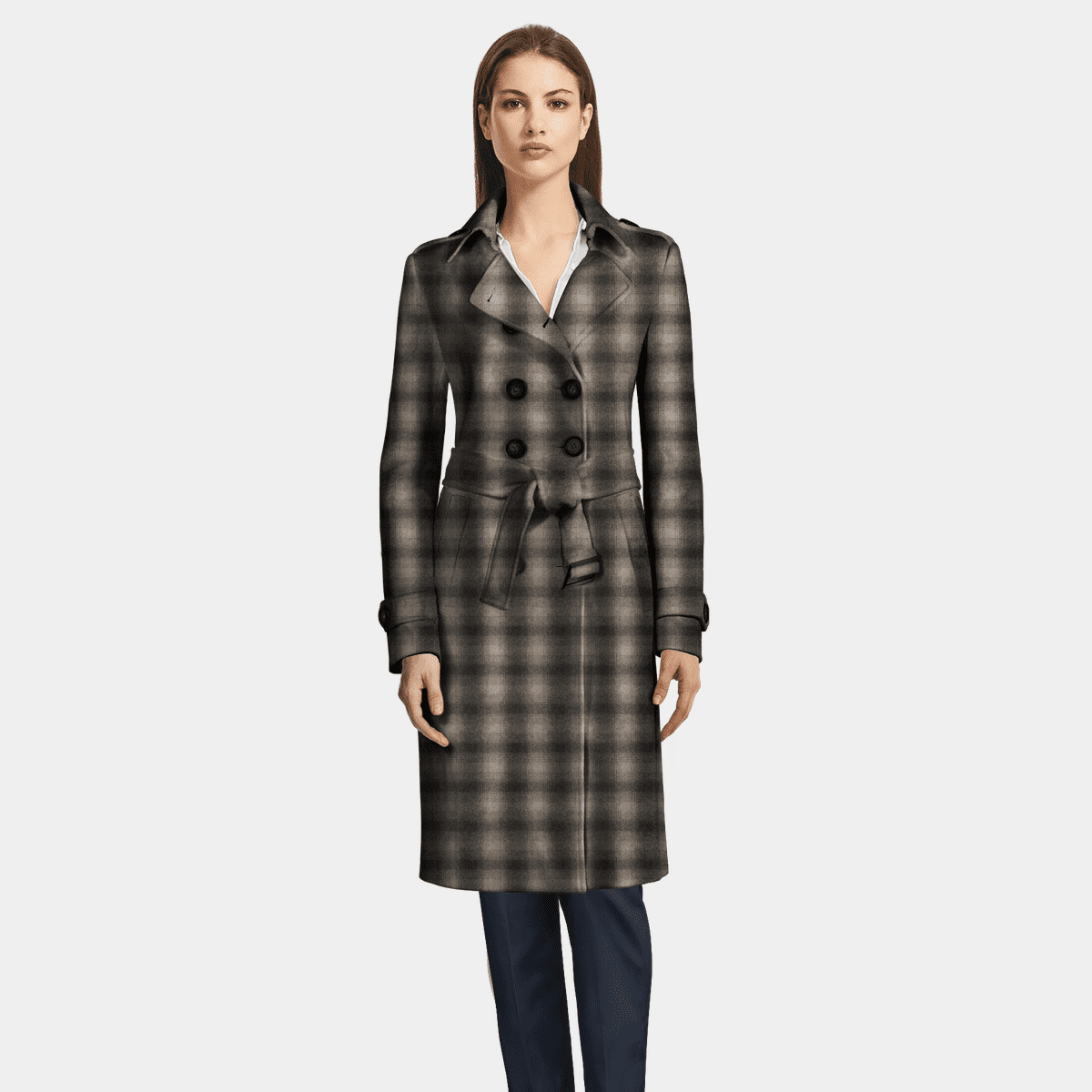 Checked Long sand Wool Trench Coat | Sumissura