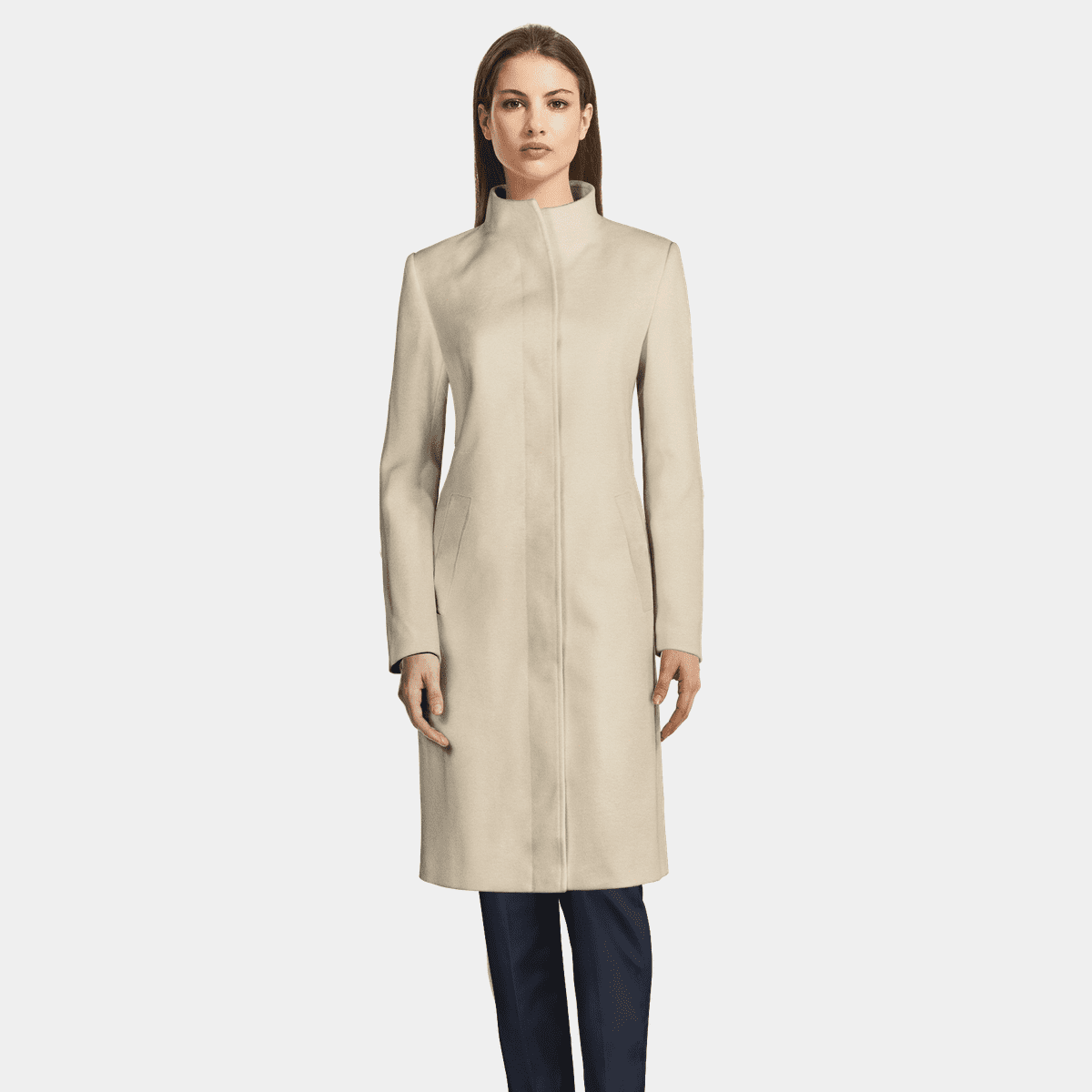 Long cream Funnel neck Coat with hidden buttons
