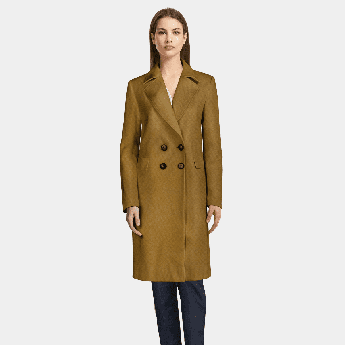 Long camel Double Breasted Coat with wide lapels