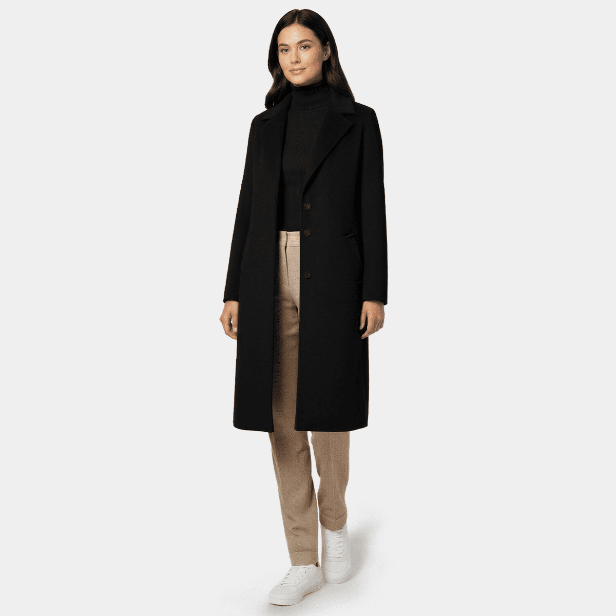 Long black Chesterfield Coat with wide lapels