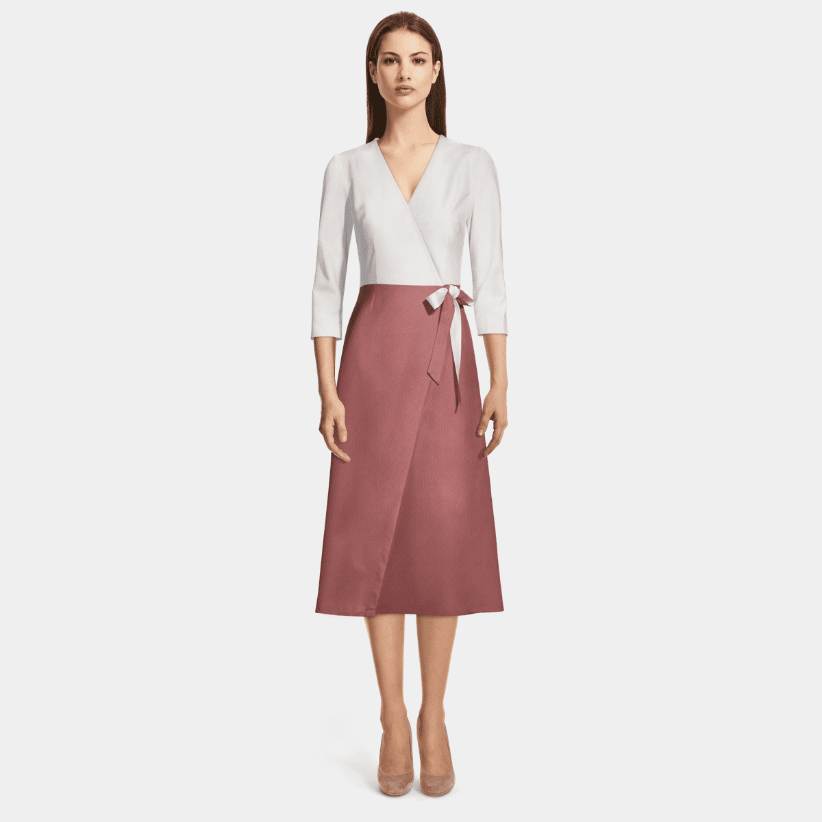 White And Pink 3 4 Sleeve V Neck Wrap Midi Dress Sumissura