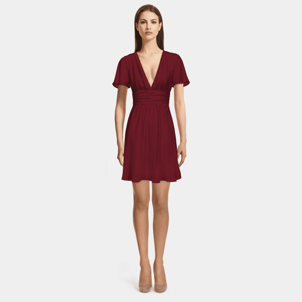 Burgundy Bell Sleeve Deep V Neck Empire Waist Short Dress Sumissura