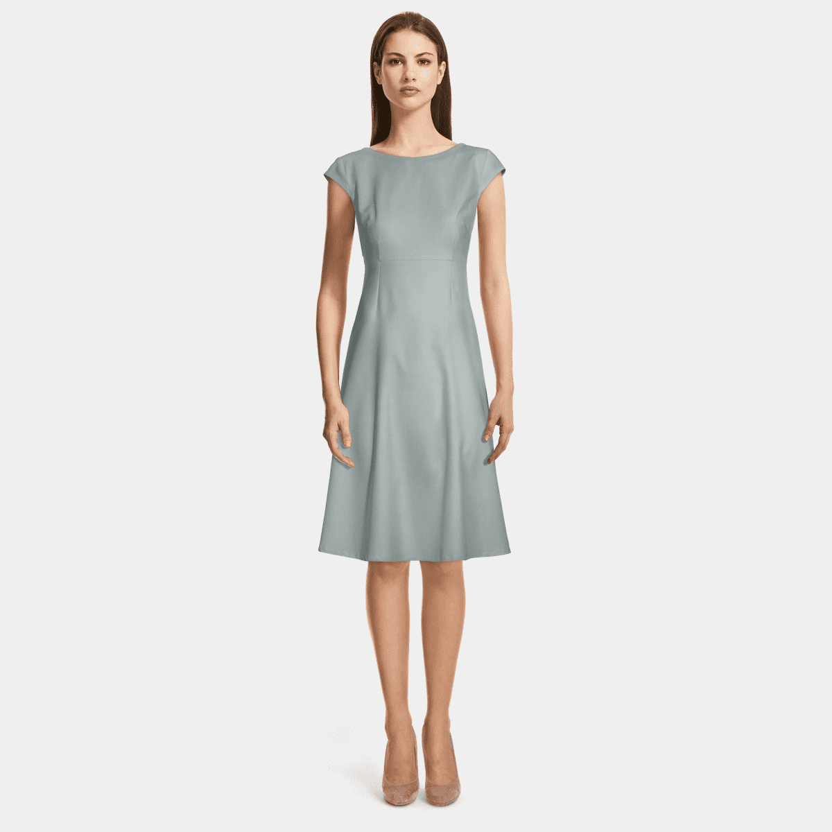 Light Blue boat neck High Waist Flare Dress with pockets | Sumissura