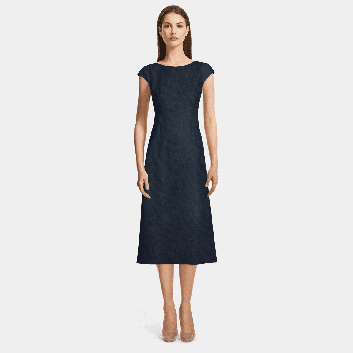 Navy Blue boat neck A line Midi Dress | Sumissura