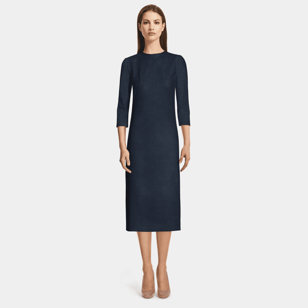 Navy Blue 3/4 sleeve crew neck Shift Midi Dress
