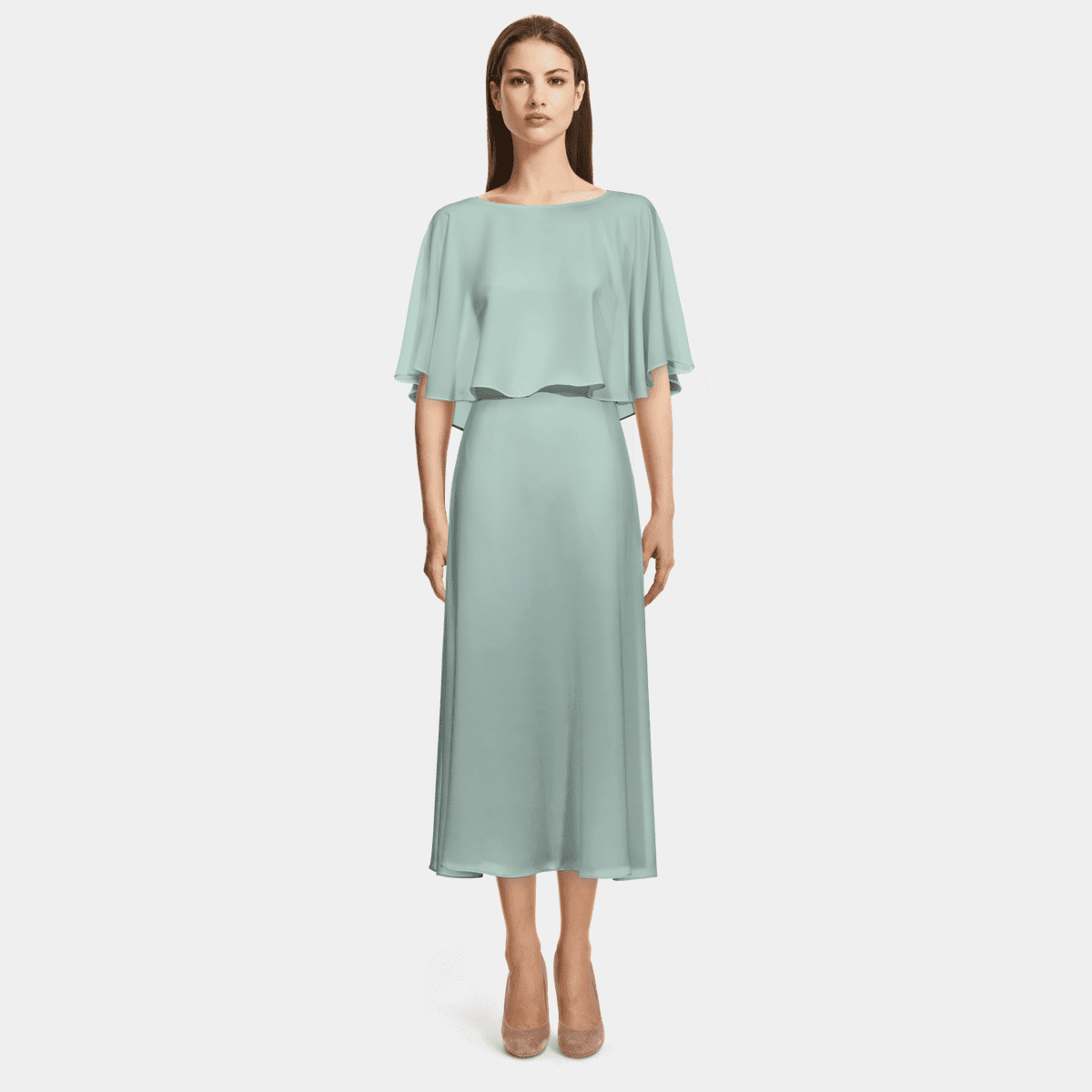 Dusty Green Flared-Top Midi Dress with cape