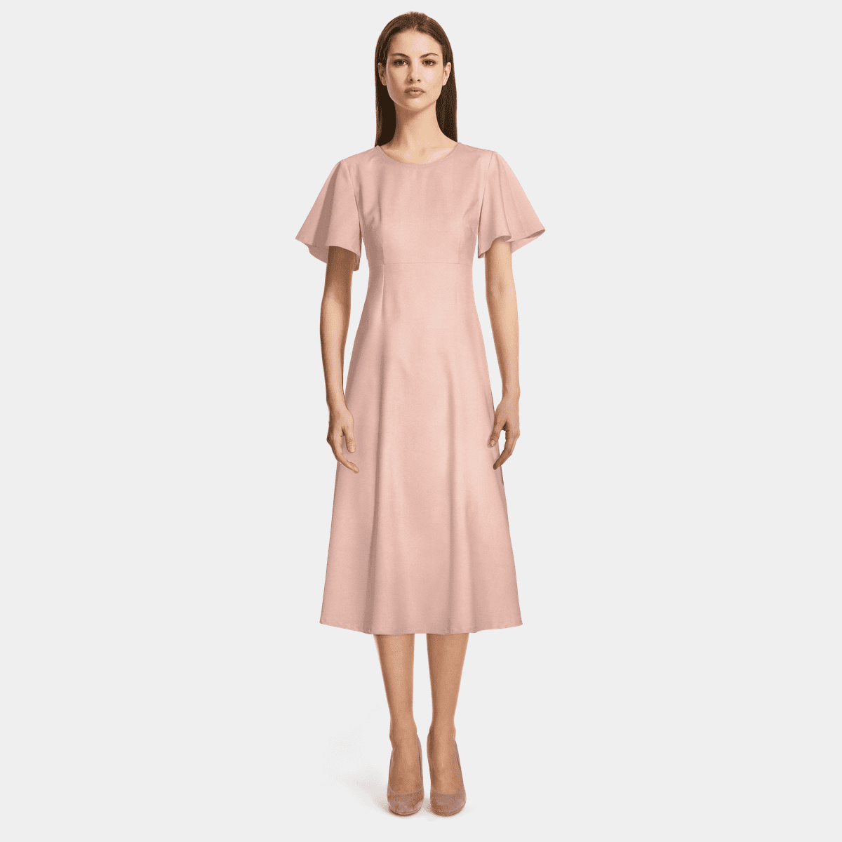Blush Pink bell sleeve round neck High Waist Flare Midi Dress | Sumissura
