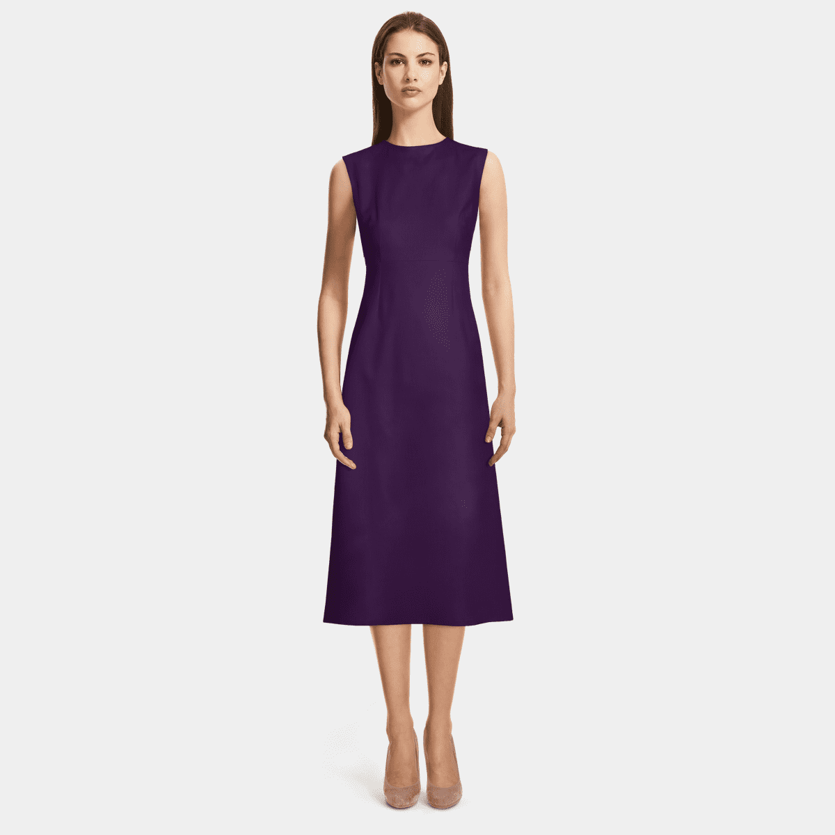 Dark Purple crew neck A line Midi Dress with pockets