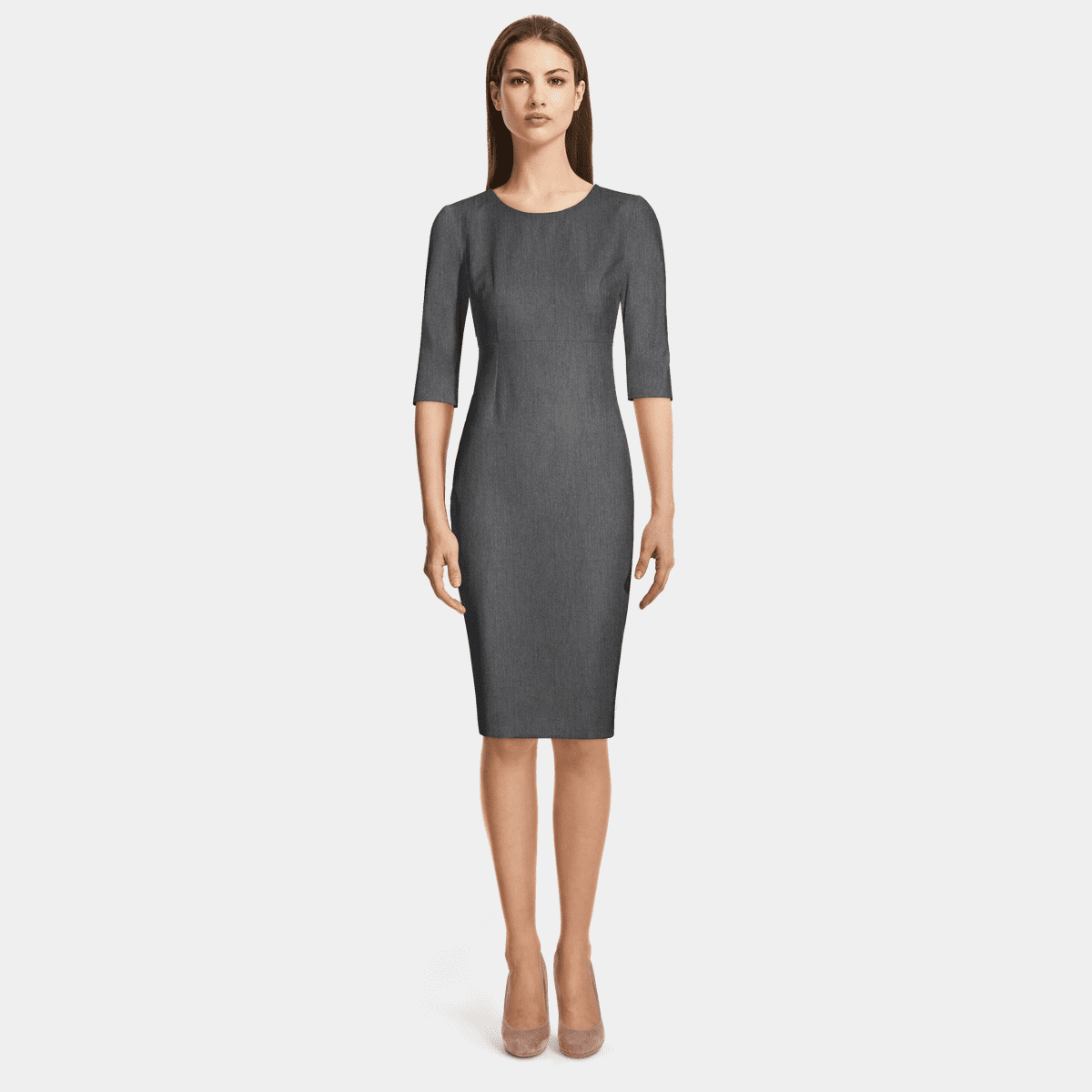 Gray elbow sleeve round neck High Waisted Sheath Dress