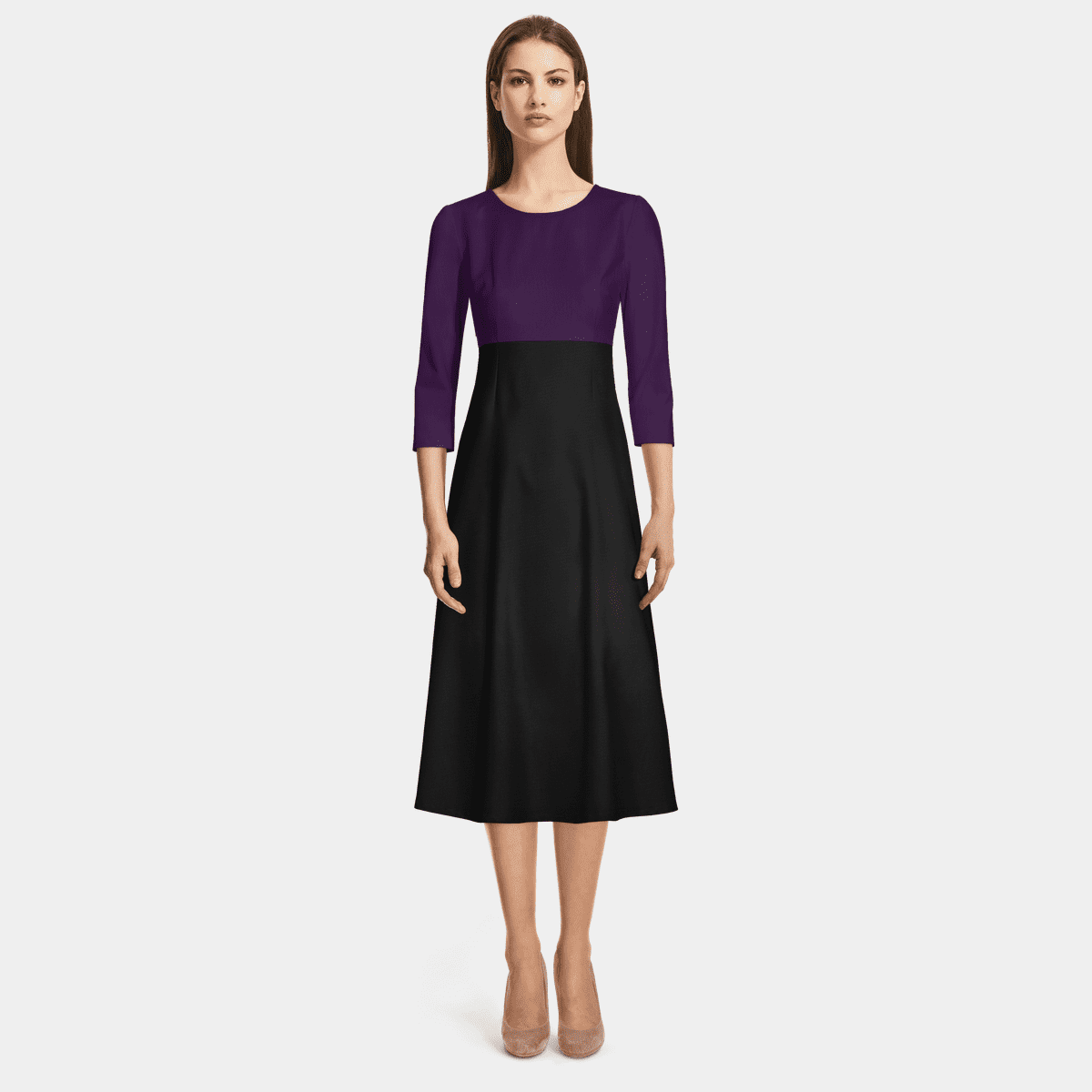 Purple and Black 3/4 sleeve round neck High Waist Flare Midi Dress ...