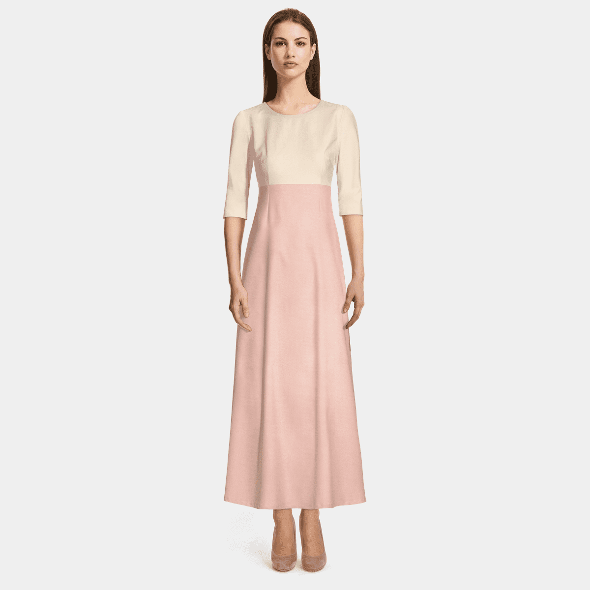 Beige and Pink elbow sleeve round neck Long Dress with pockets