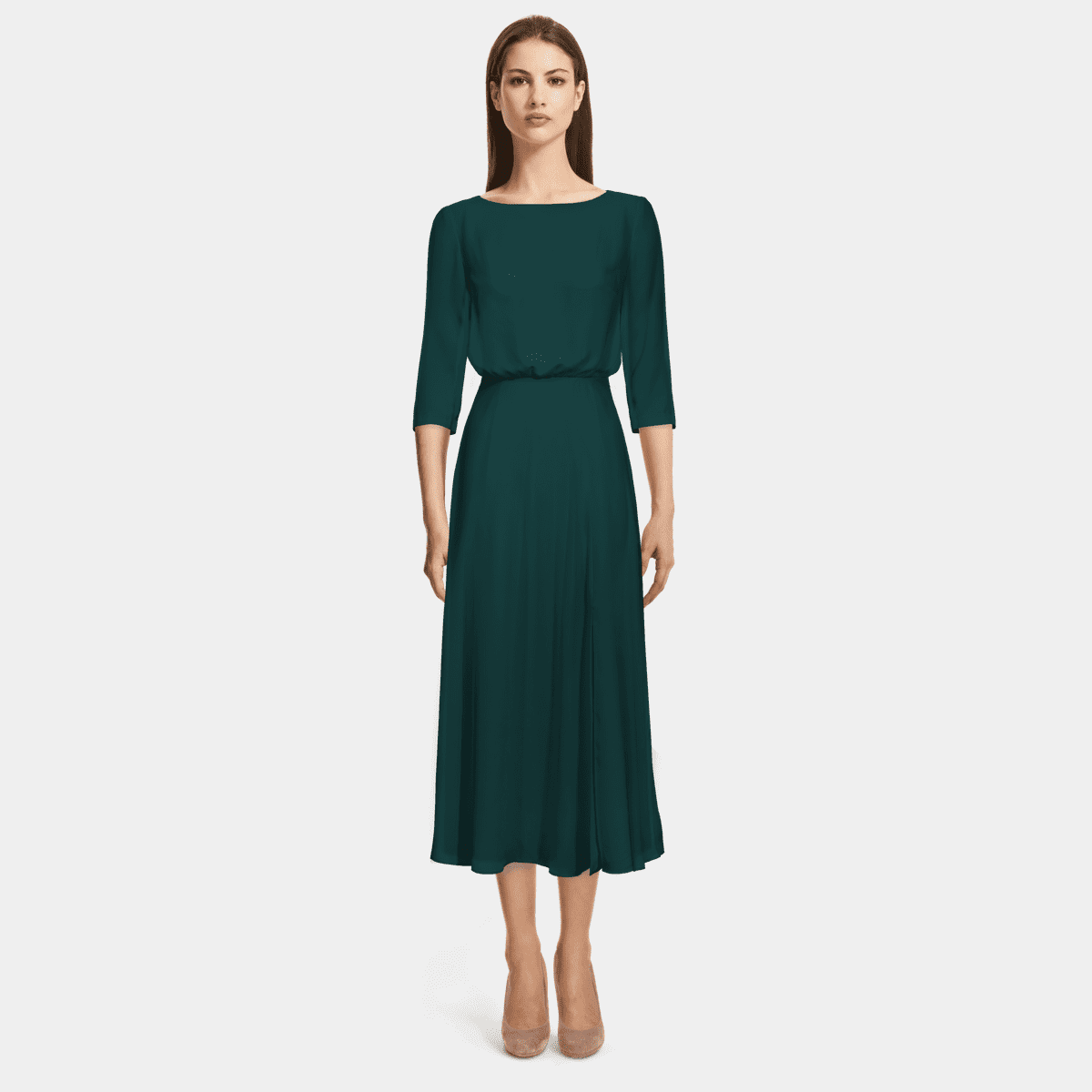 Green 3/4 sleeve boat neck Blouson Midi Dress | Sumissura Green 3/4 sleeve boat neck Blouson Midi Dress | Sumissura